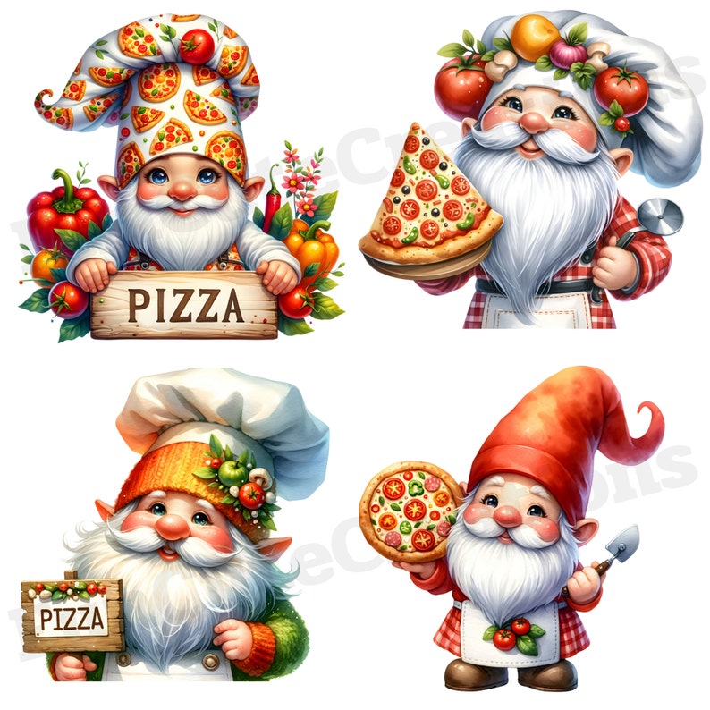 Pizza Gnome Watercolor Clipart Bundle, Chef Gnome Artwork, Pizza Lovers ...