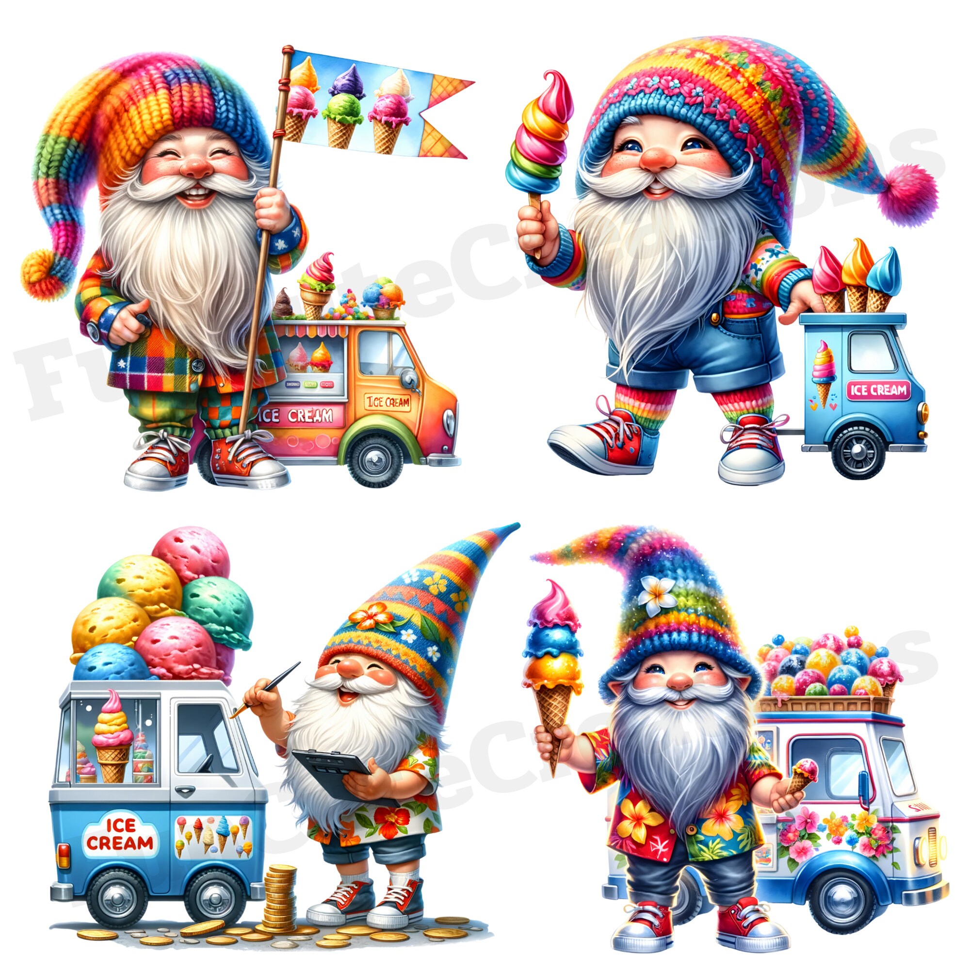 Ice Cream Truck Gnome Watercolor Clipart, Ice Cream Gnome, Summer ...