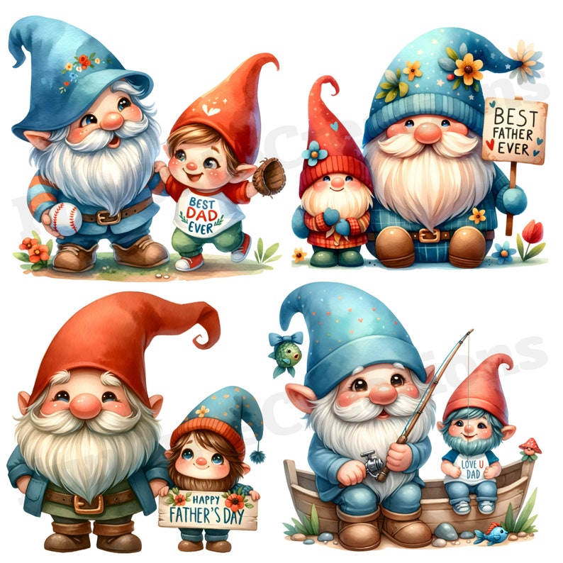 Father's Day Gnome Watercolor Clipart Bundle, Father's Day Clipart ...