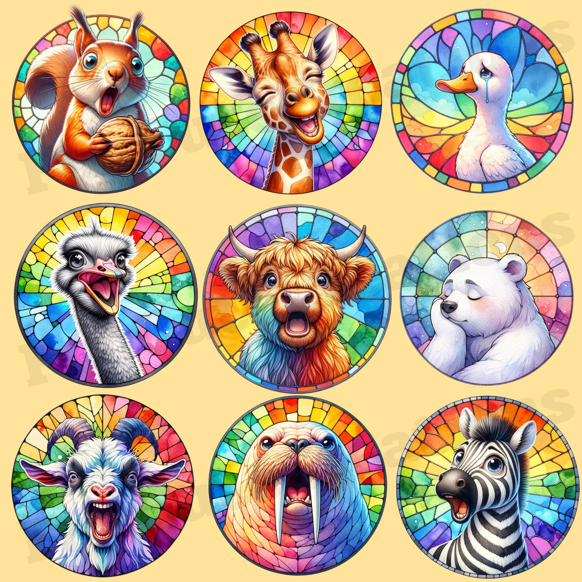 Animals in Action Stained Glass Clipart 30 Watercolor Animals, Stained ...