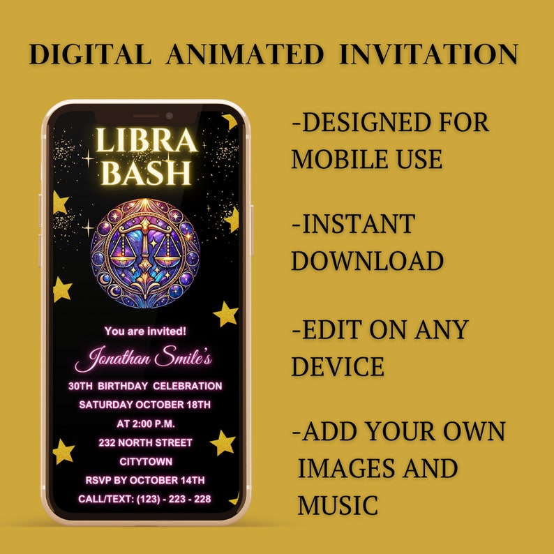Libra Zodiac Birthday Invitation, Digital Video Libra Zodiac Birthday Invitation, Animated Libra ...