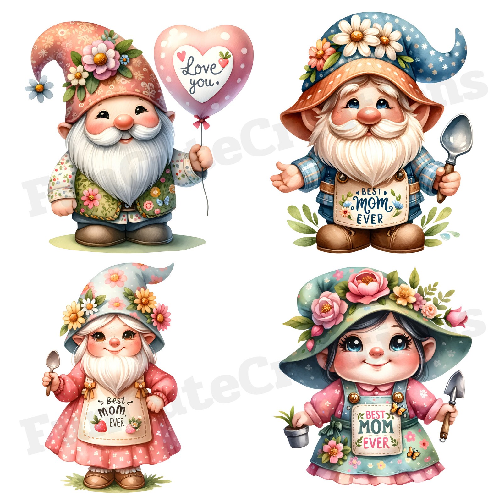 Mother's Day Gnome Watercolor Clipart Bundle, Mother's Day Clipart ...