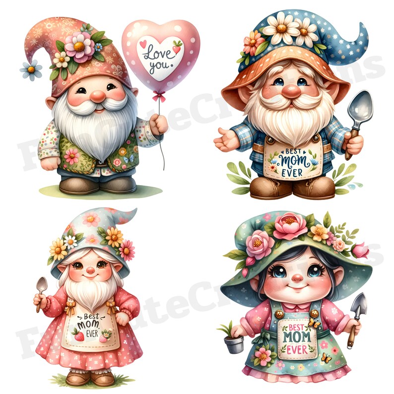 Mother's Day Gnome Watercolor Clipart Bundle, Mother's Day Clipart ...