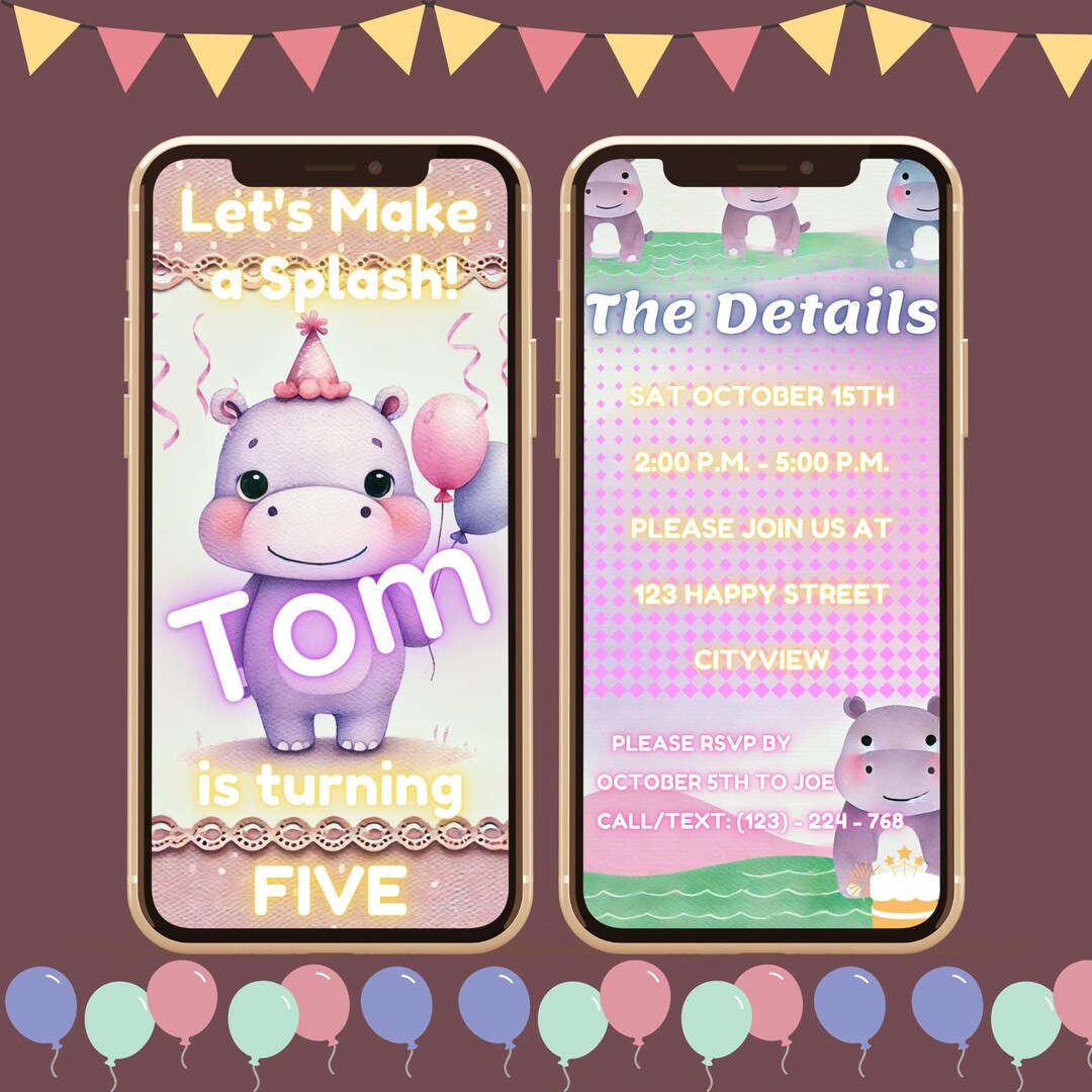 Hippo Birthday Invitation Template, Digital Video Hippo Birthday Invite ...