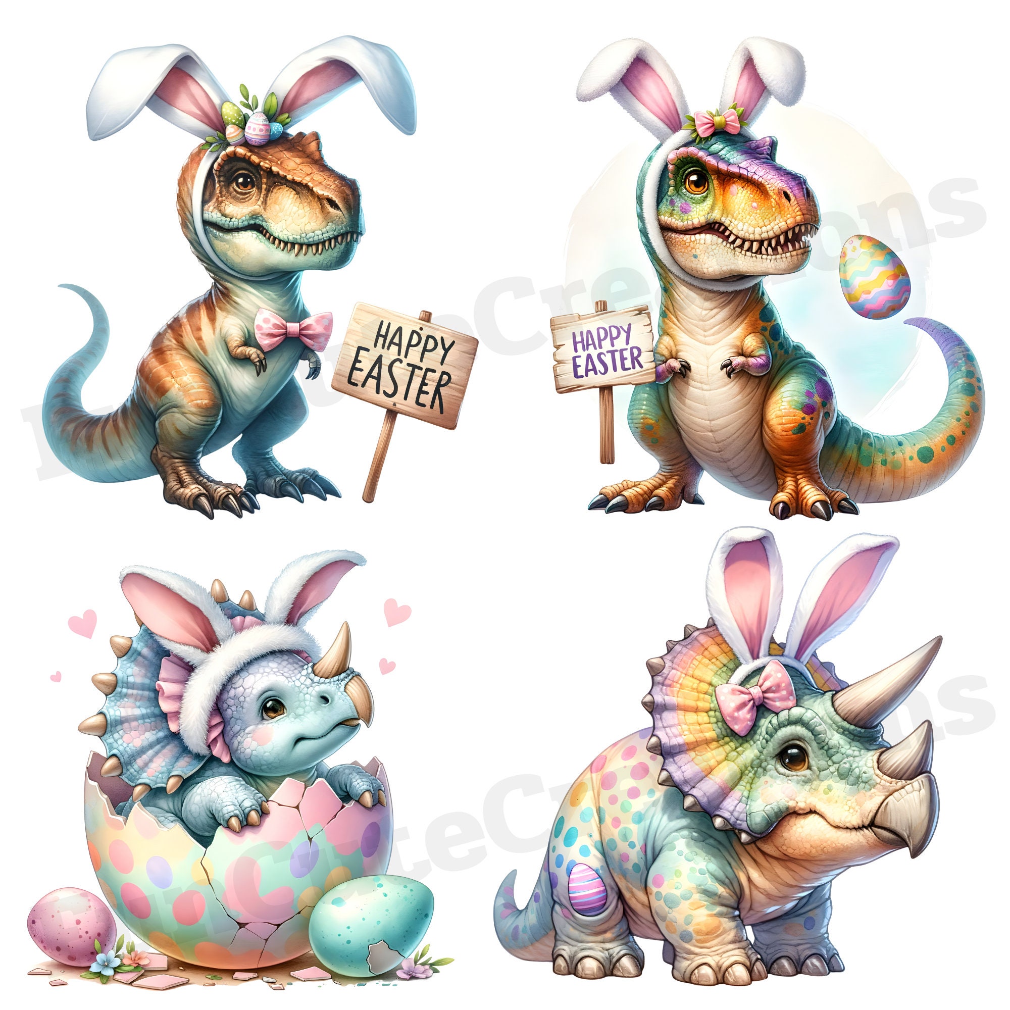 Easter Dinosaur Watercolor Clipart Bundle, Dinosaur Easter PNG, Dino ...