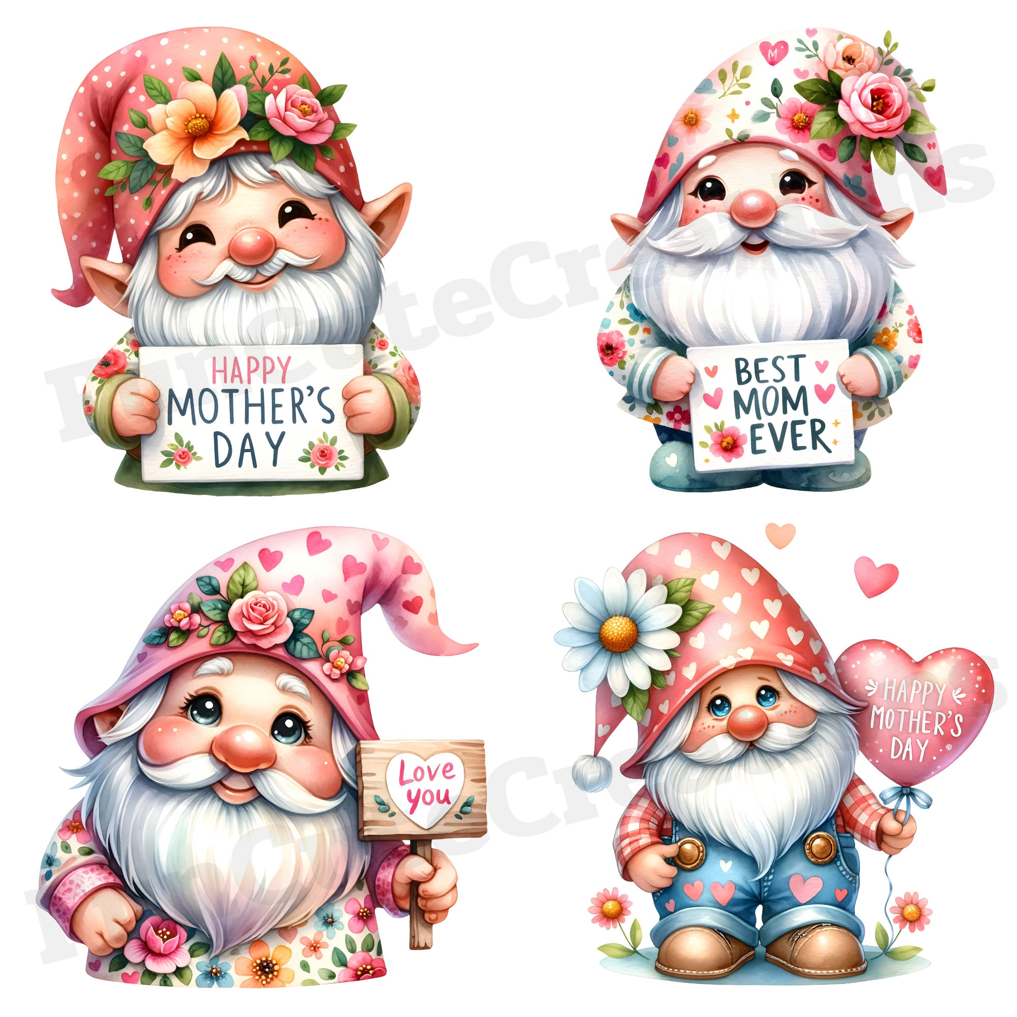 Mother's Day Gnome Watercolor Clipart Bundle, Mother's Day Clipart ...