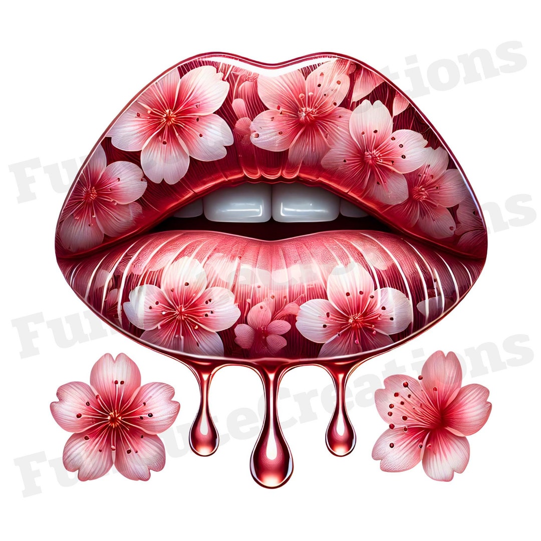 Dripping Lips With Cherry Blossom PNG, Cherry Blossom Lips PNG, Sakura ...