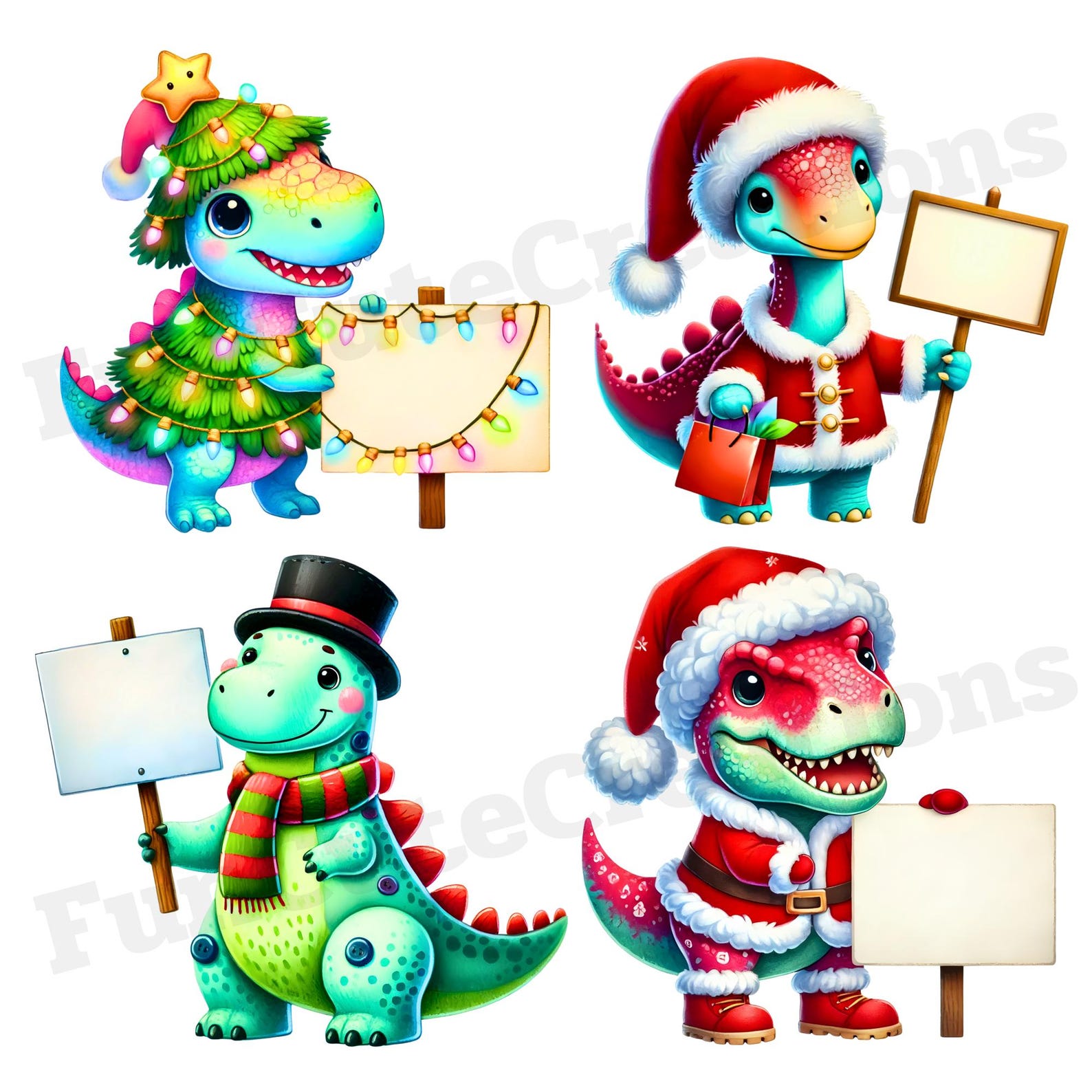 Christmas Dino With Sign Clipart, Digital Dino Art, Christmas Dinosaur ...