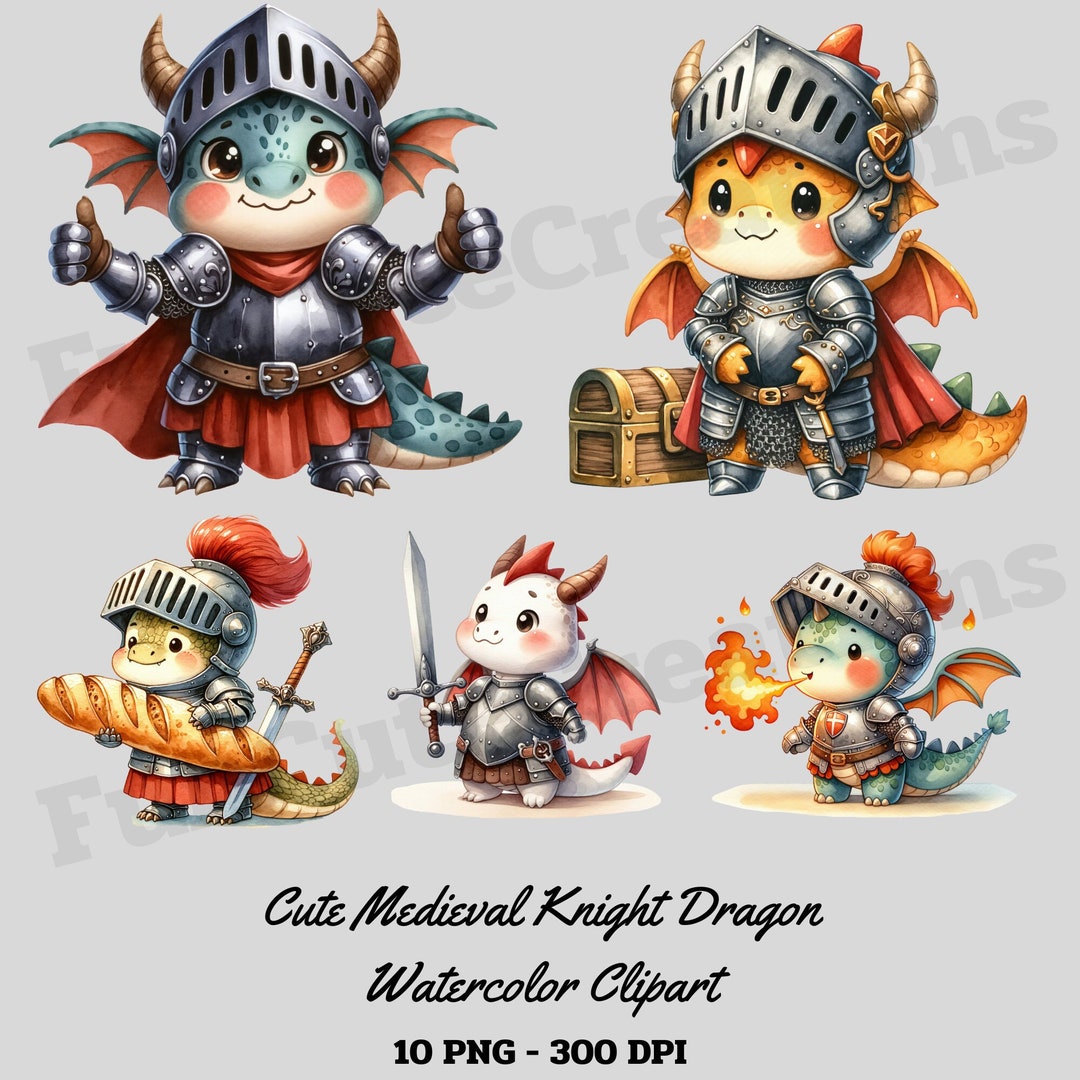 Cute Medieval Knight Dragon Watercolor Clipart, Cute Medieval Knight ...