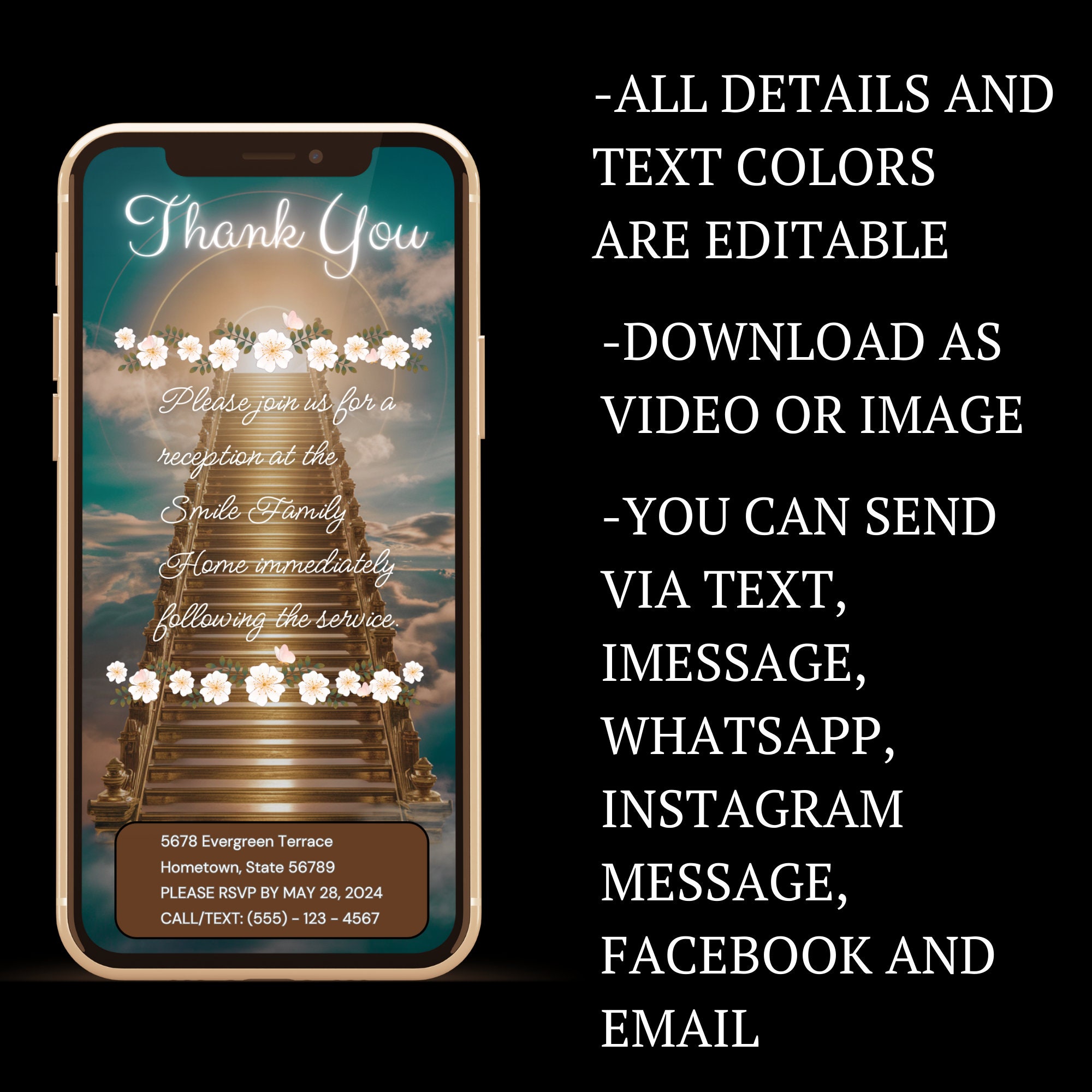 Gold Stairs Funeral Invitation, Digital Funeral Invitation, Digital ...