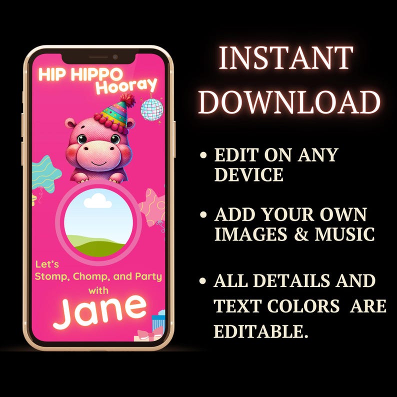 Pink Hippo Birthday Invitation Template, Digital Video Hippo Birthday ...