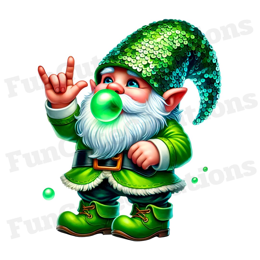 St. Patrick’s Day Gnome With Green Bubble Gum PNG, Lucky Gnome Clipart ...