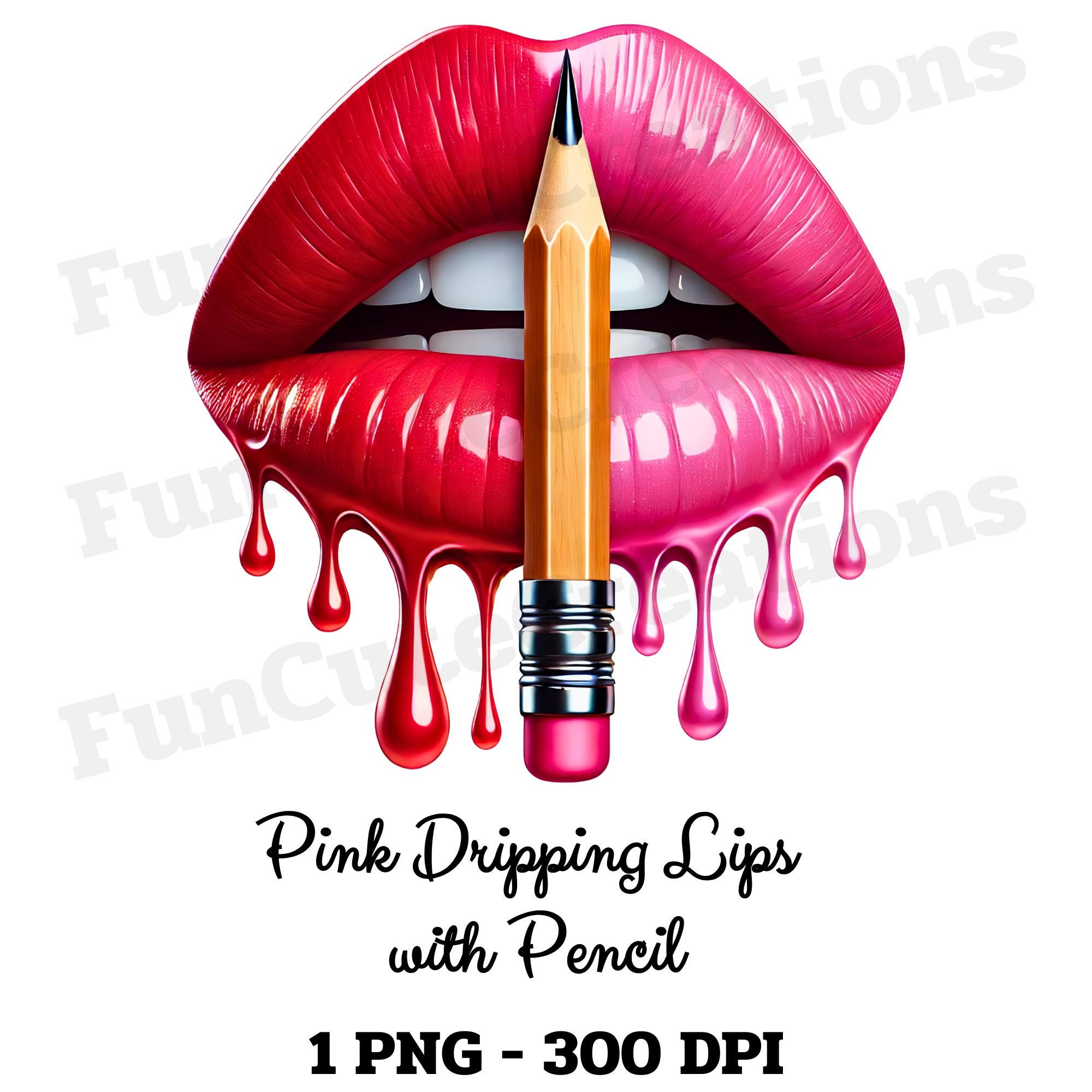 Pink Dripping Lips With Pencil PNG, Glossy Lips Clipart, Teacher Lips ...