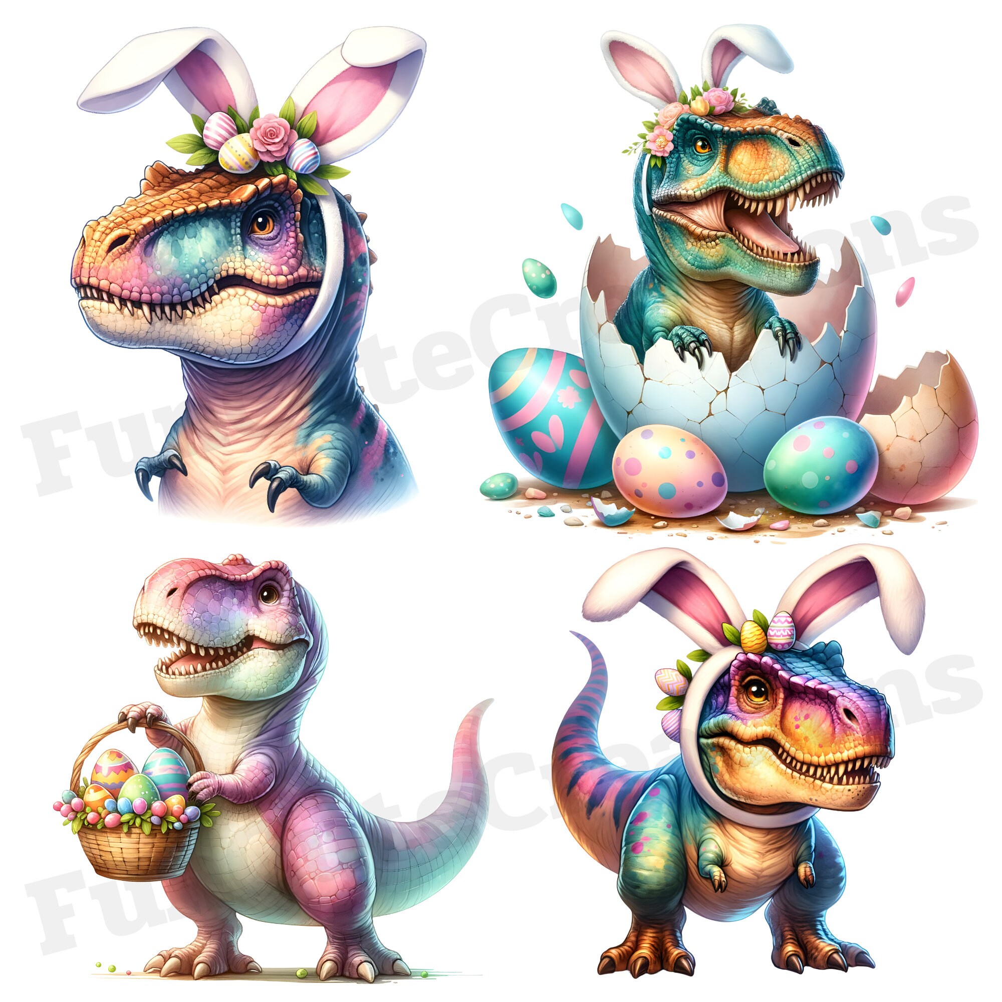 Easter Dinosaur Watercolor Clipart Bundle, Dinosaur Easter PNG, Dino ...