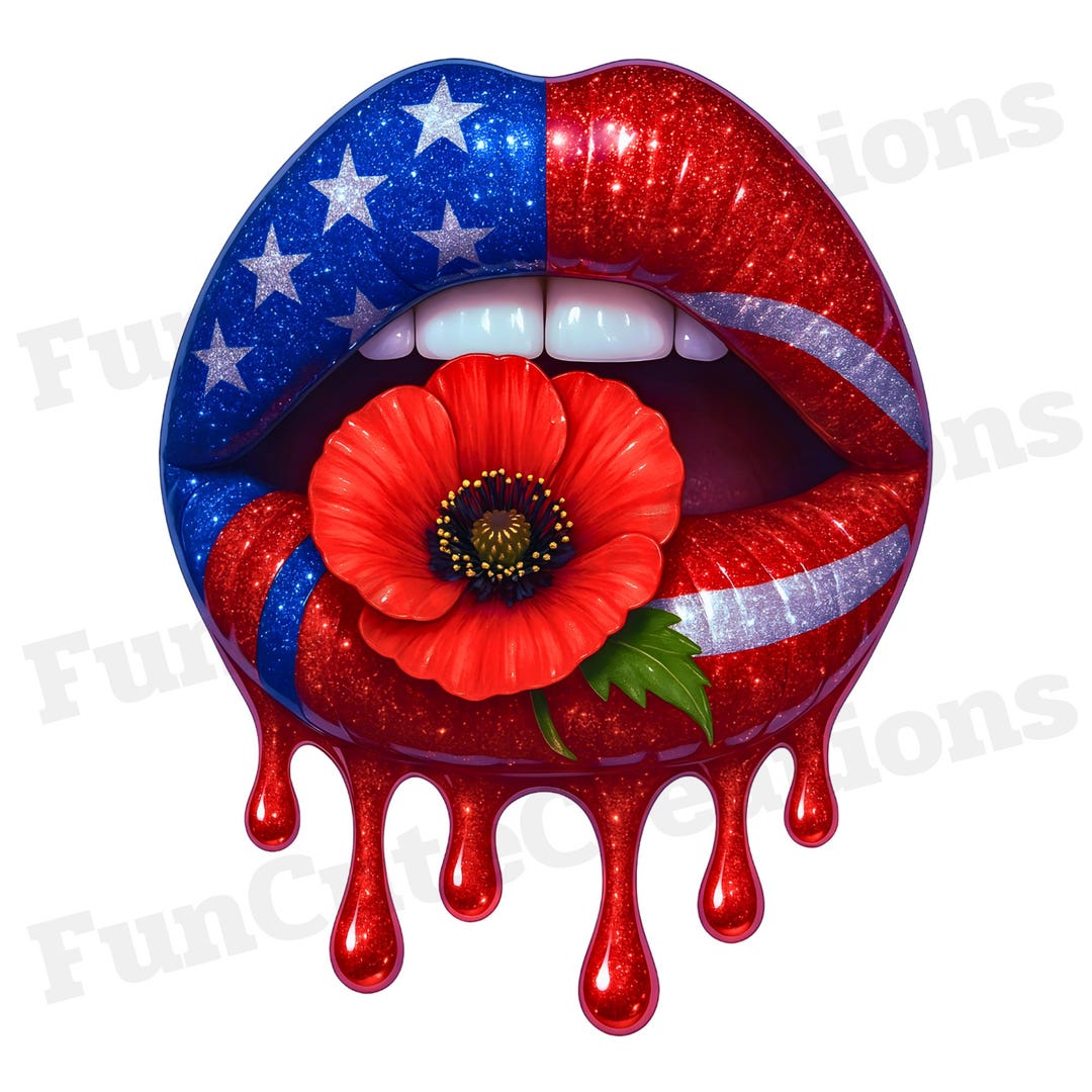 Patriotic Dripping Lips With Poppy PNG, American Flag Lips PNG ...