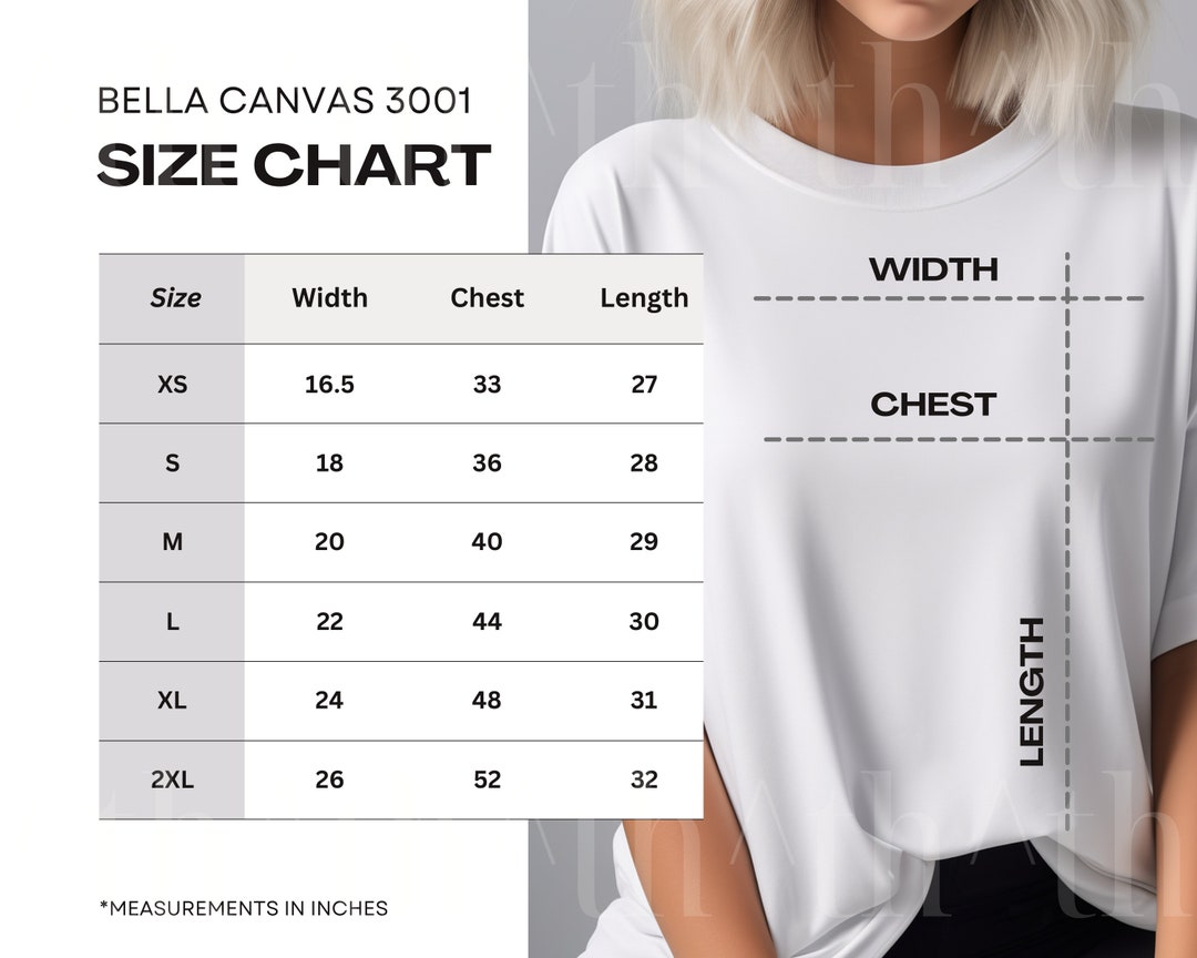 Bella Canvas 3001 Size Chart, White T-shirt 3001 Size Chart XS 2XL XS ...