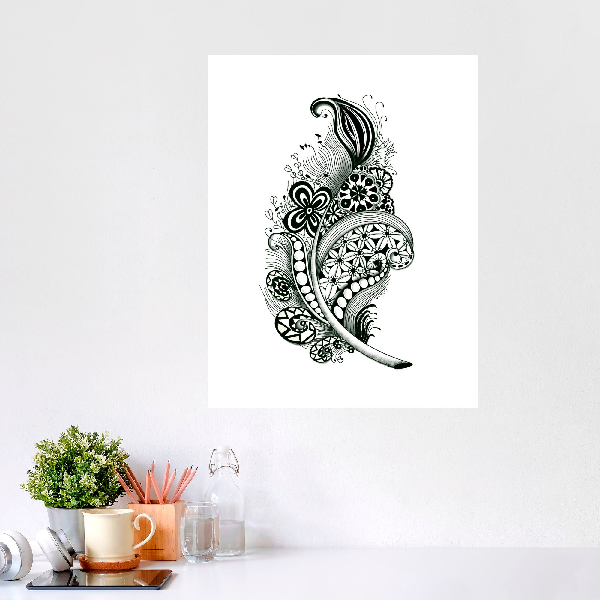 Whimsical Zentangle Inspired Feather Drawn Design Wall Art - Etsy