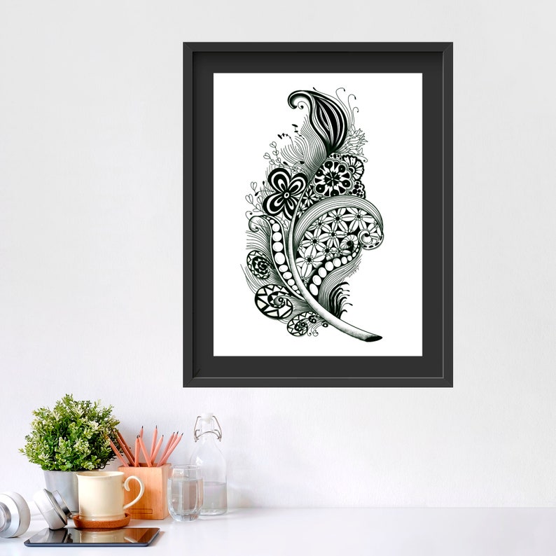 Whimsical Zentangle Inspired Feather Drawn Design Wall Art - Etsy