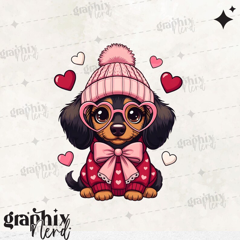 Valentine Dachshund PNG, Cute Doxie Heart Glasses Clipart, Weiner Dog ...