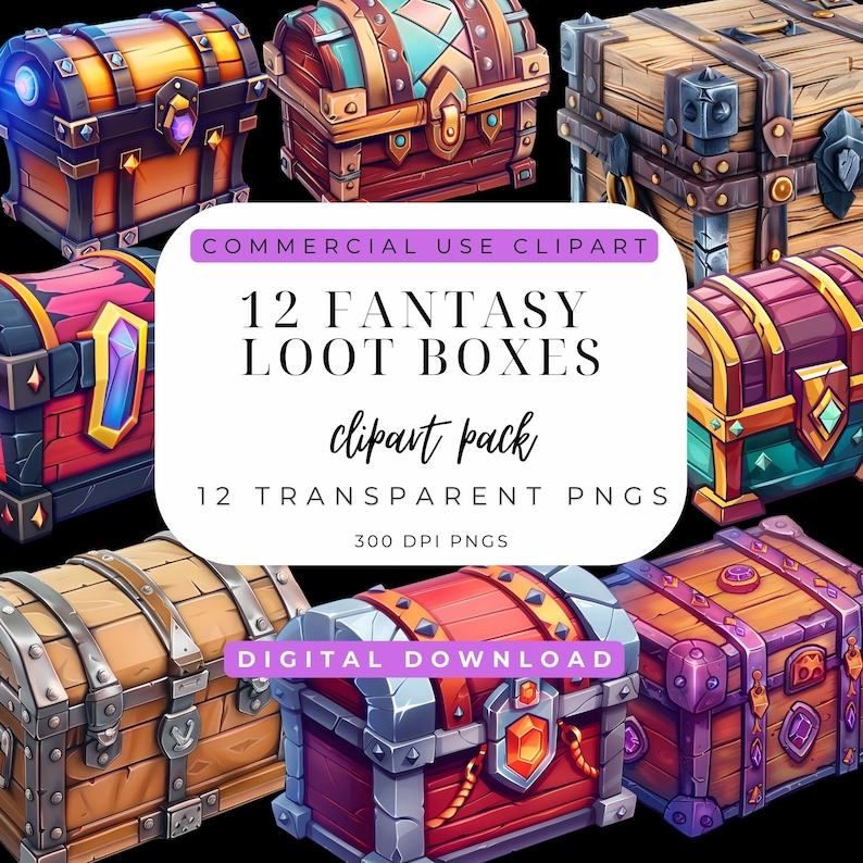 Fantasy Loot Box Clipart Set of 12 Pngs for D&D Transparent Treasure ...