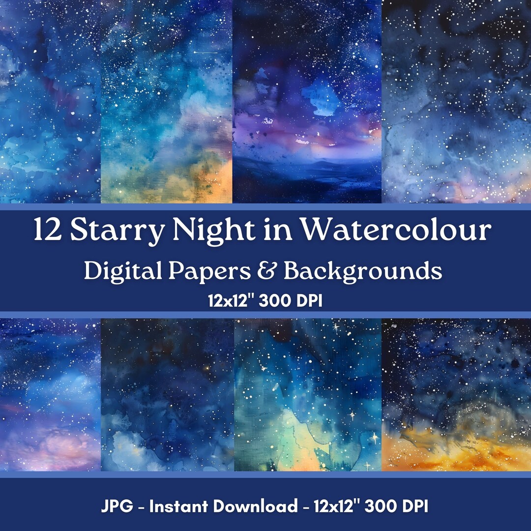 12 Starry Night Watercolour Digital Papers | Watercolour Night ...
