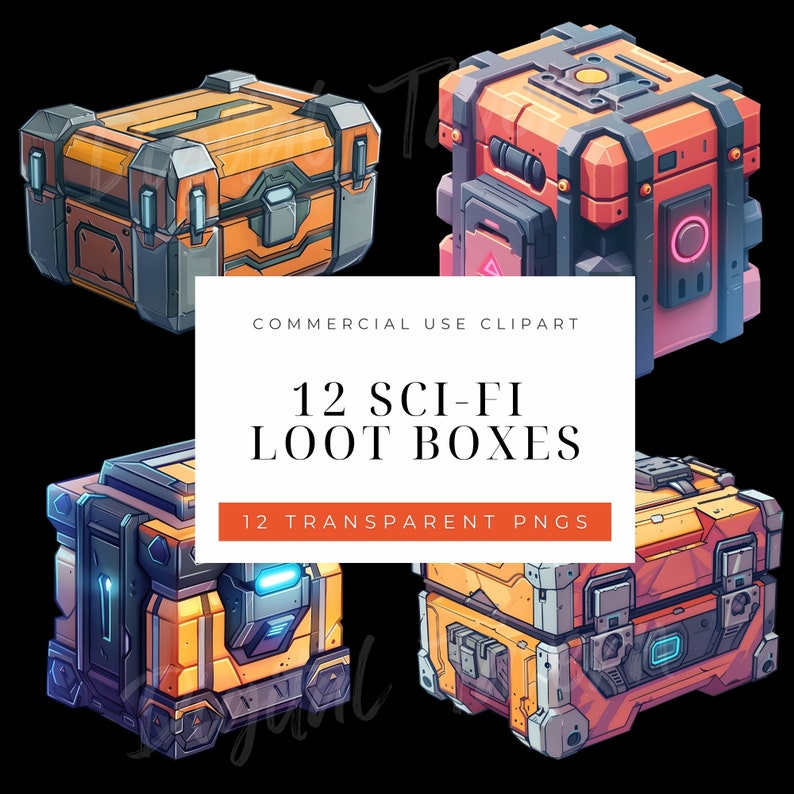Sci-fi Futuristic Loot Boxes Clipart Set of 12 Pngs - Transparent Treasure Chests, Commercial ...