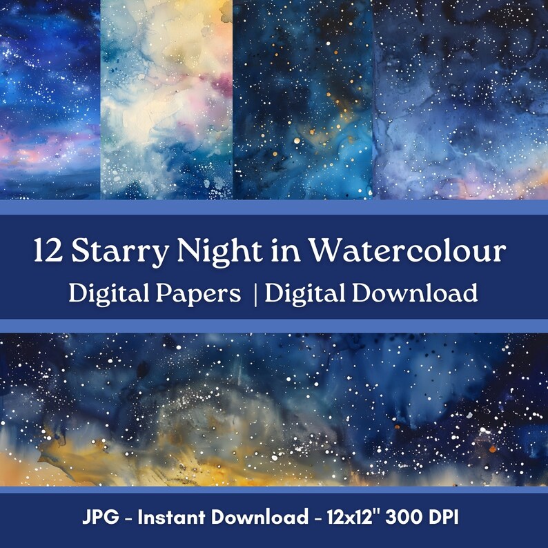 Starry Night Watercolor Digital Paper: Scrapbook Backgrounds (digital ...