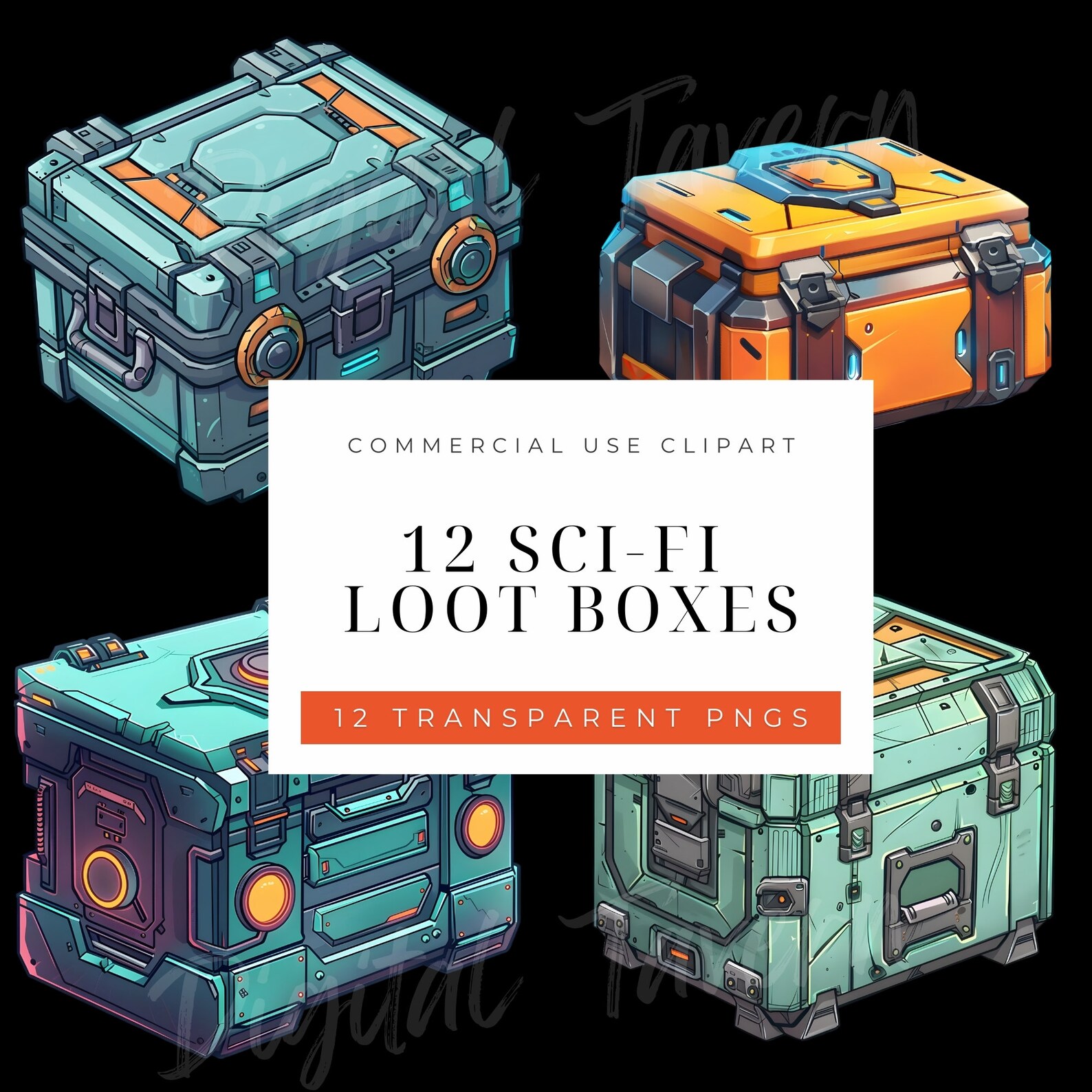 Sci-fi Futuristic Loot Boxes Clipart Set of 12 Pngs Transparent ...