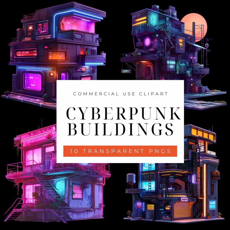 Futuristic Cyberpunk Buildings & Houses Clipart Set – Tech and Sci-fi ...