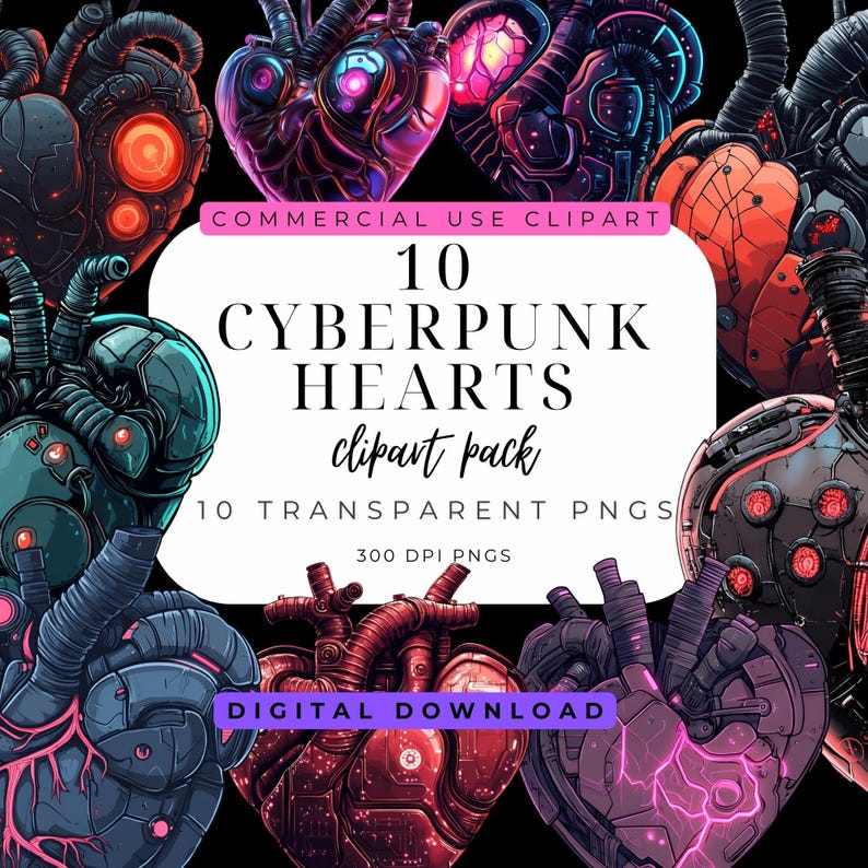 Cyberpunk Hearts Clipart Set: Sci-fi Love Graphics (digital Download ...