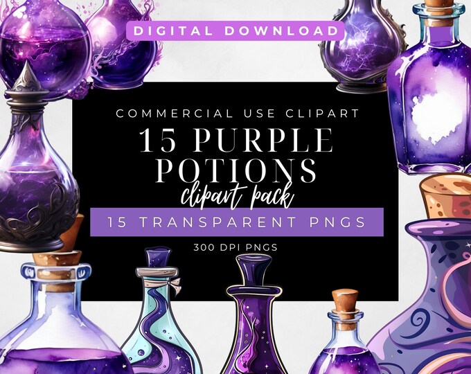 15 Purple Magic Potion Clipart PNG Transparent Digital Download Magical ...