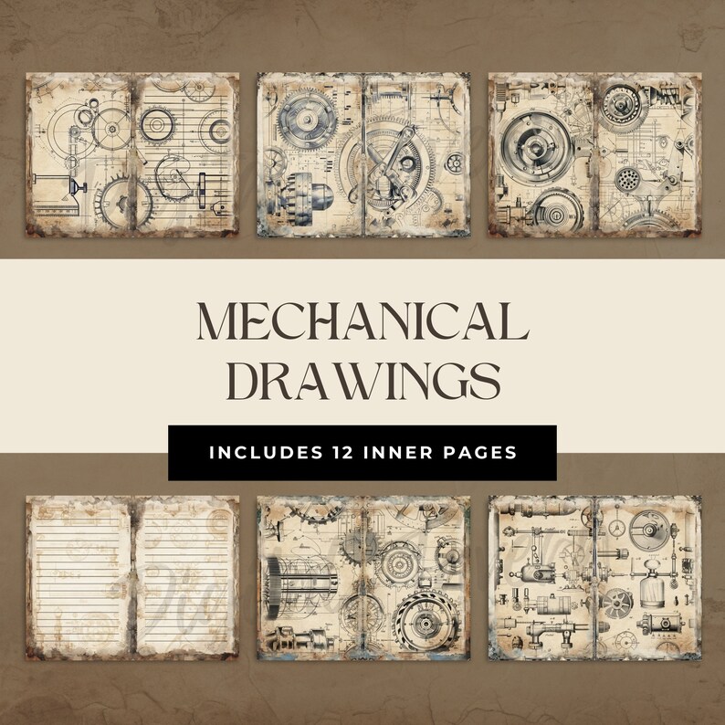 Mechanical Drawings Junk Journal Vintage Science Digital Papers for ...