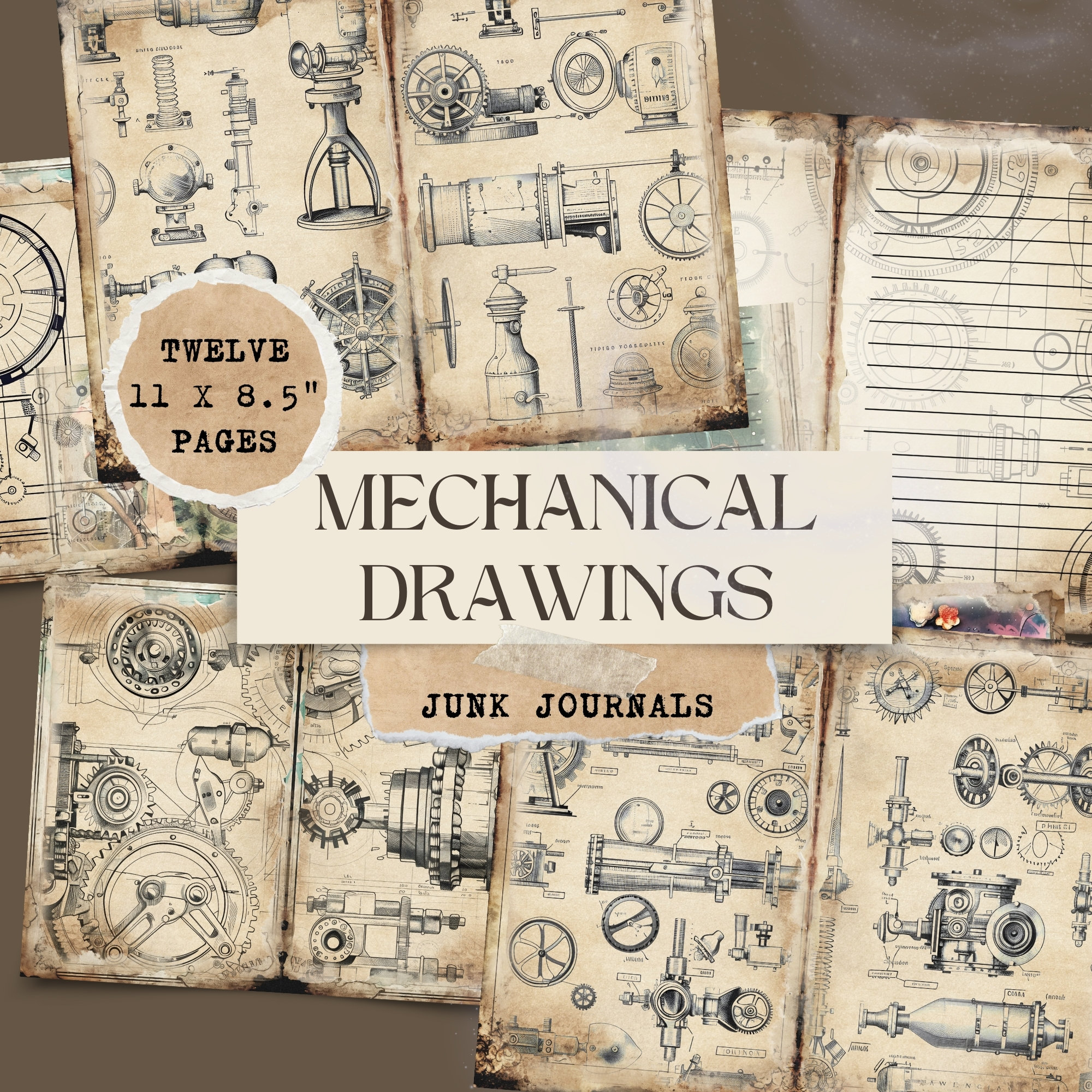 Mechanical Drawings Junk Journal Vintage Science Digital Papers for ...