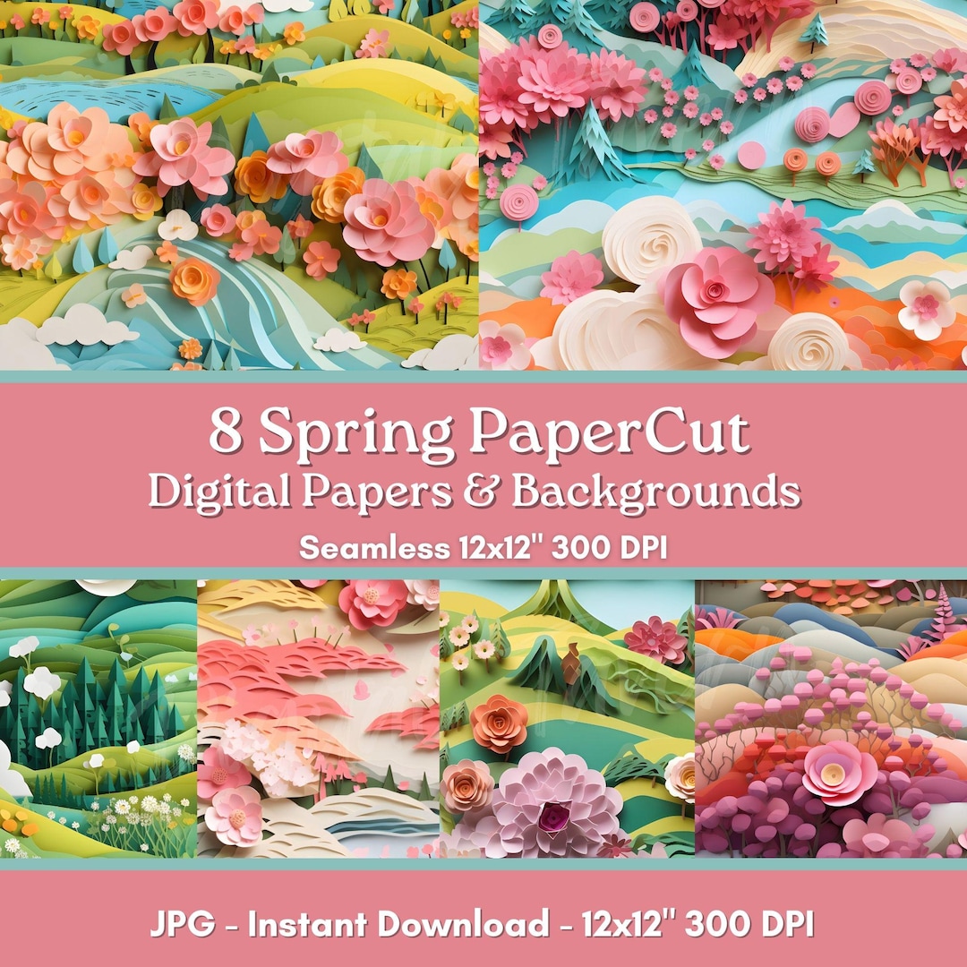 8 Spring Seamless Papercut Quilling Art Digital Backgrounds | Spring ...