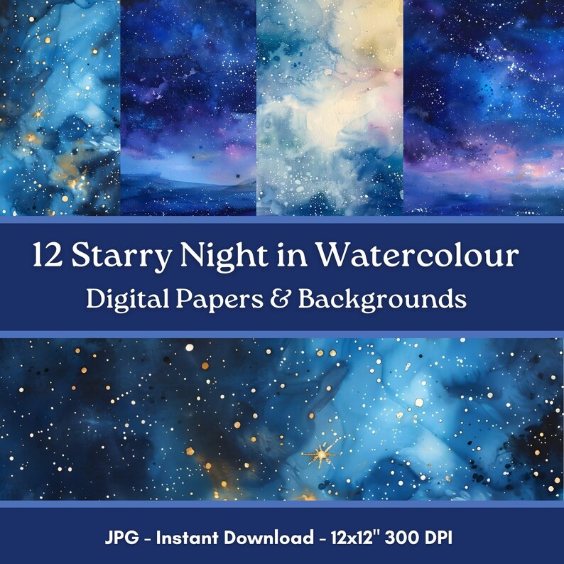 12 Starry Night Watercolour Digital Papers Watercolour Night ...