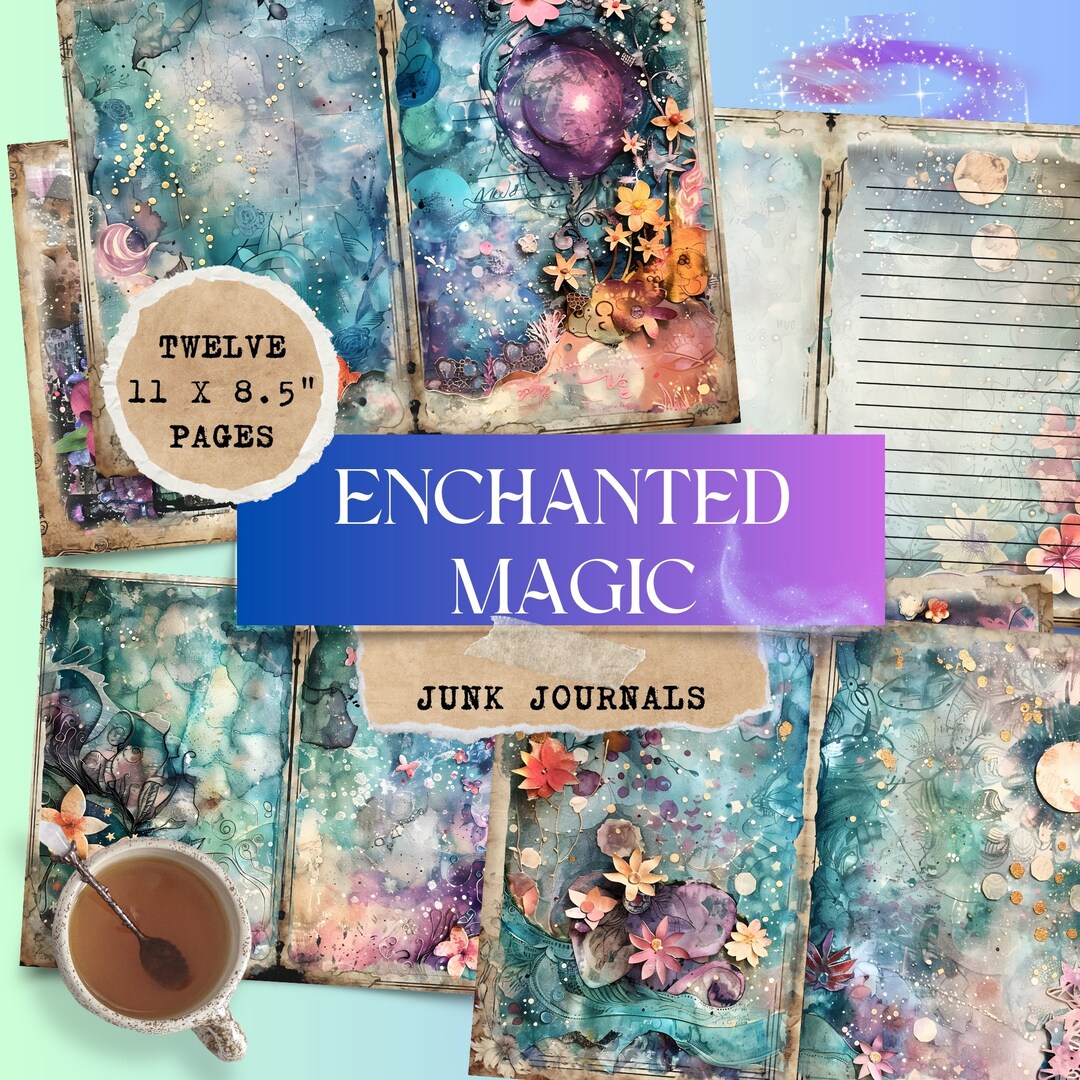 Enchanted Magic Junk Journal Digital Papers Teal Magical Background ...