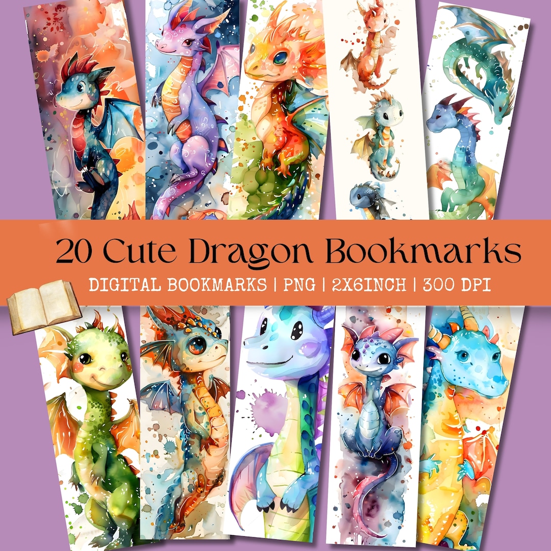 Cute Fantasy Dragon Bookmarks, Watercolor Art, Printable Bundle ...
