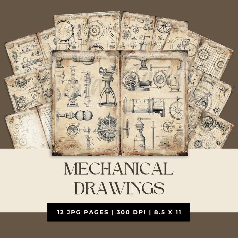 Mechanical Drawings Junk Journal Vintage Science Digital Papers for ...