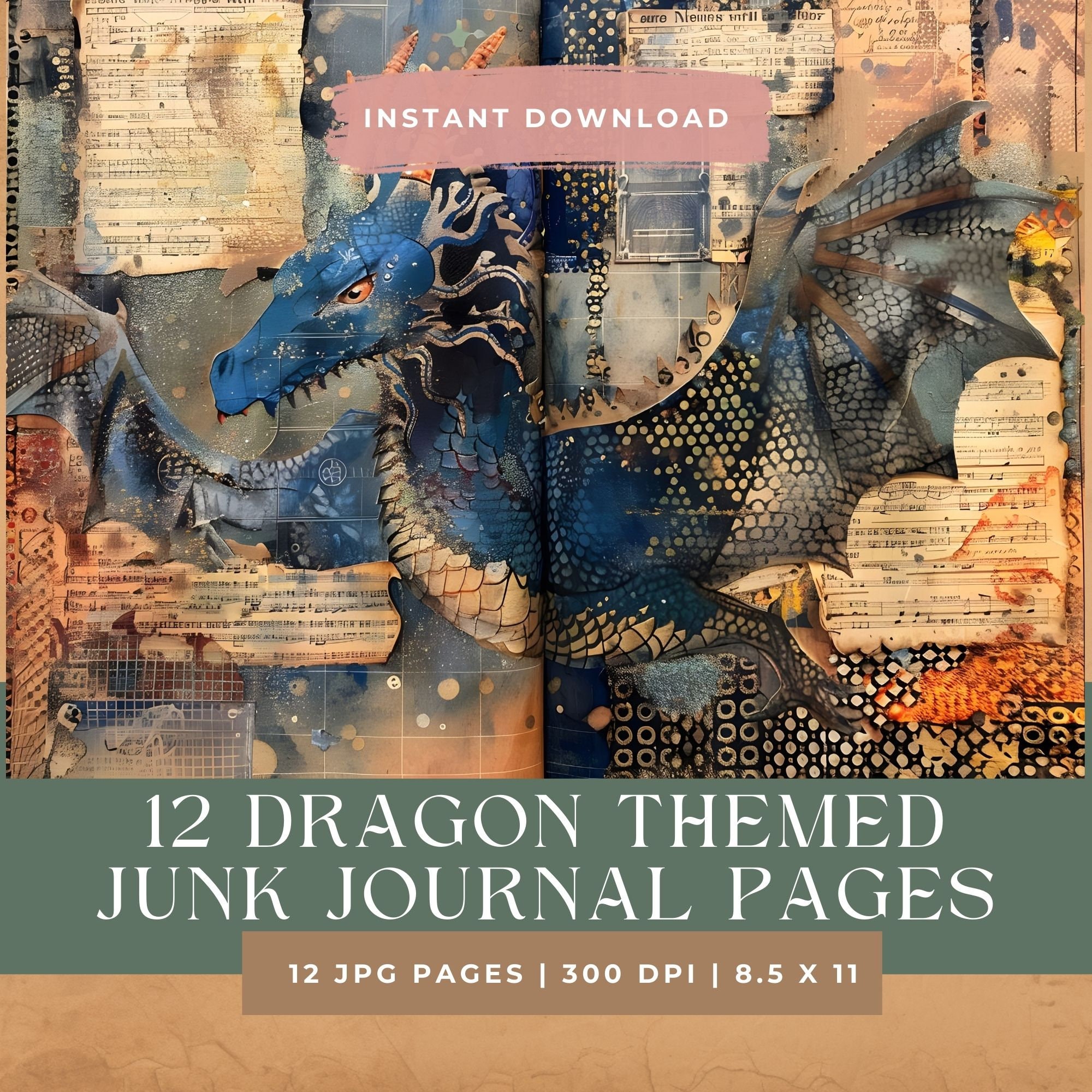 12 Dragon Themed Junk Journal Digital Papers Fantasy Scrapbooking ...