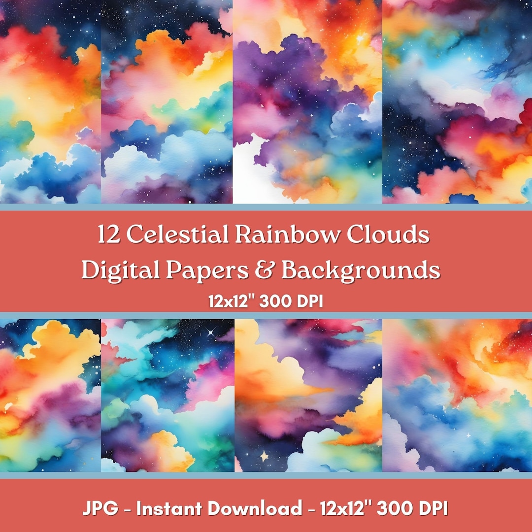 12 Celestial Rainbow Clouds Digital Papers | Watercolour Rainbow ...