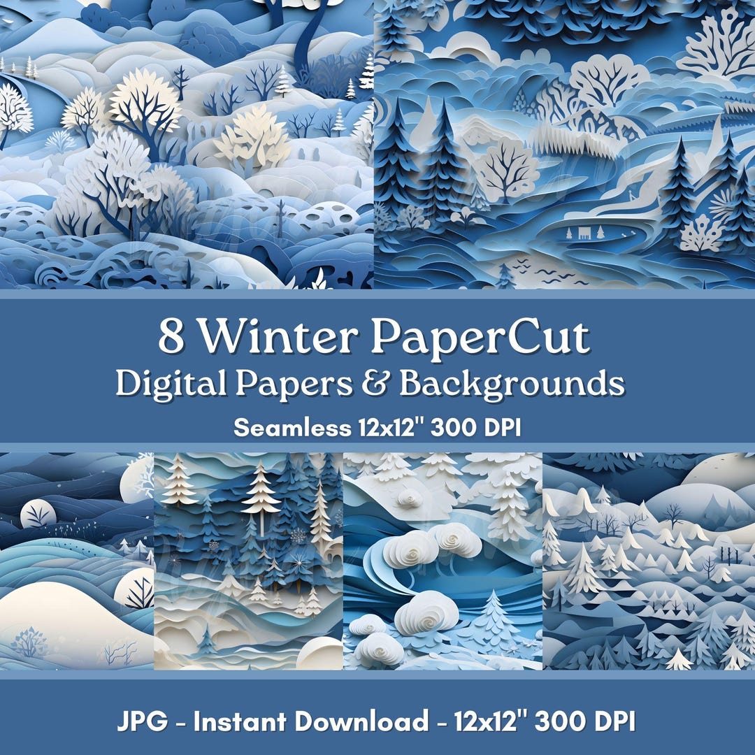 8 Winter Seamless Papercut Quilling Art Digital Backgrounds | Winter ...