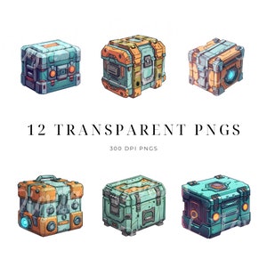 Sci-fi Futuristic Loot Boxes Clipart Set of 12 Pngs - Transparent Treasure Chests, Commercial ...