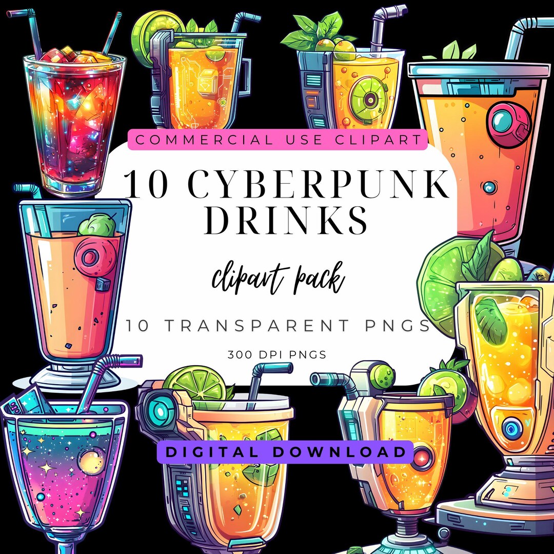 Cyberpunk Drinks Clipart Set: Sci-fi Beverages PNG Graphics Commercial ...