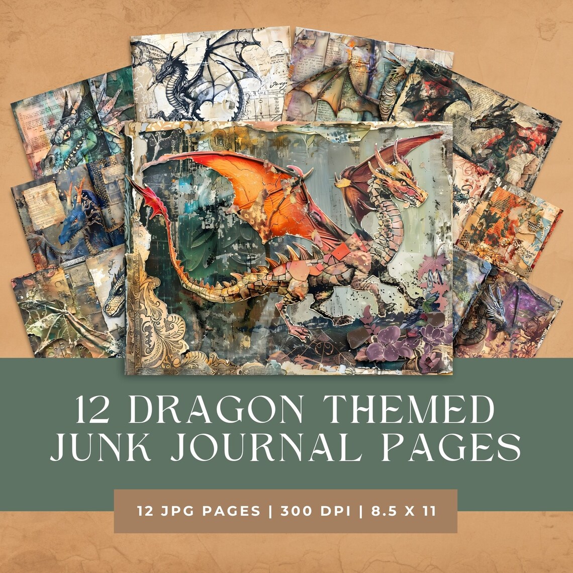 12 Dragon Themed Junk Journal Digital Papers Fantasy Scrapbooking ...
