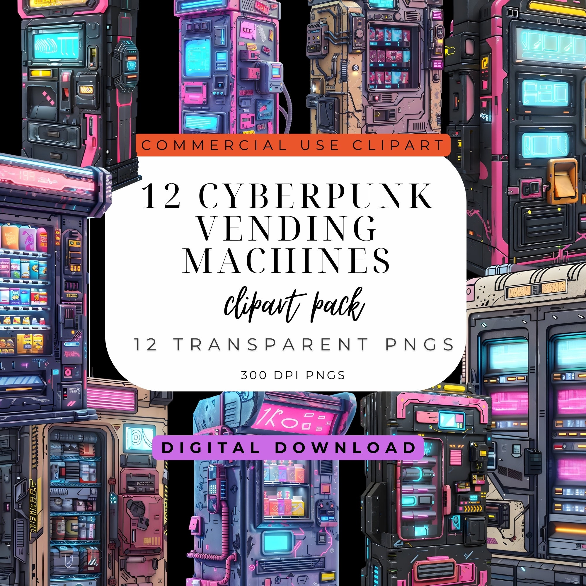 Futuristic Cyberpunk Vending Machines Clipart Set – Tech and Sci-fi PNG Digital Graphics ...