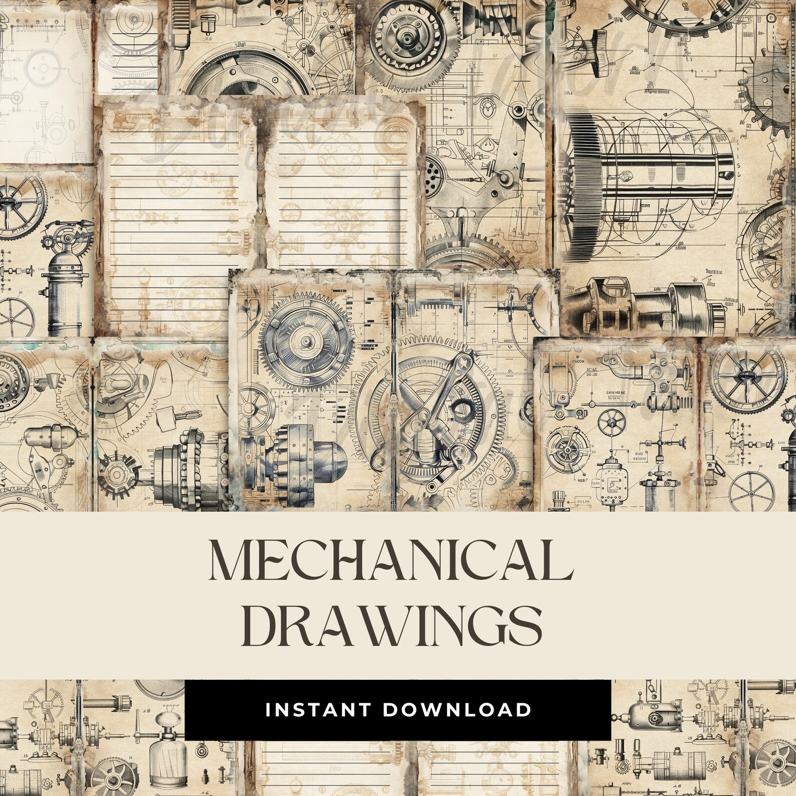 Mechanical Drawings Junk Journal Vintage Science Digital Papers for ...