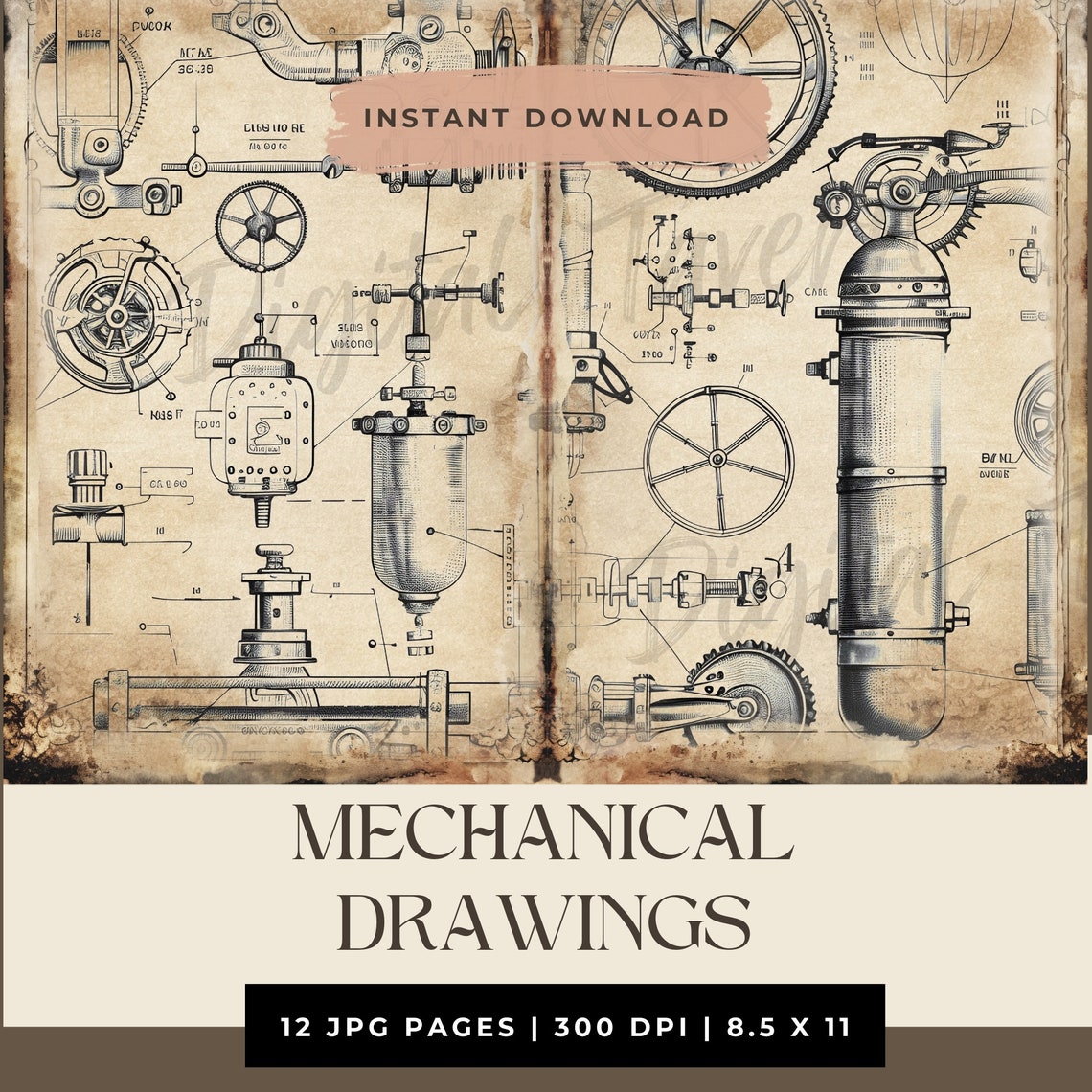Mechanical Drawings Junk Journal Vintage Science Digital Papers for ...
