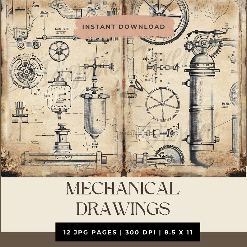 Mechanical Drawings Junk Journal Vintage Science Digital Papers for ...