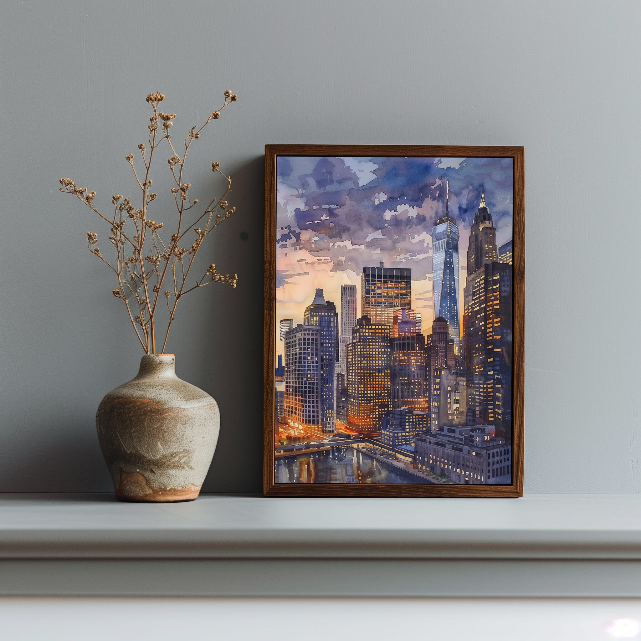 New York City Painting, NYC Skyline Wall Art, Skyscrapers Watercolor ...