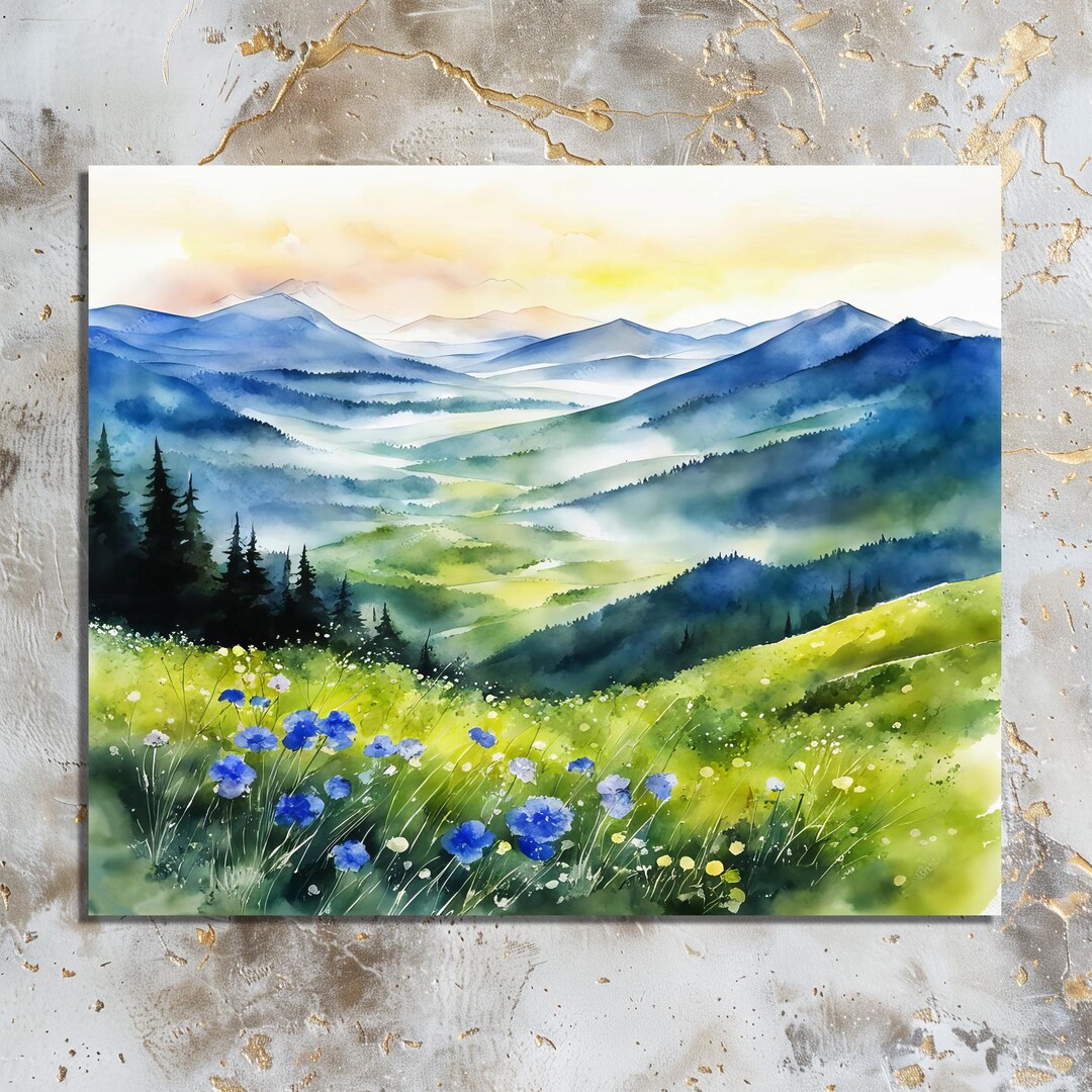 Blue Ridge Mountains Watercolor Vermont Landscape Wildflowers Painting ...
